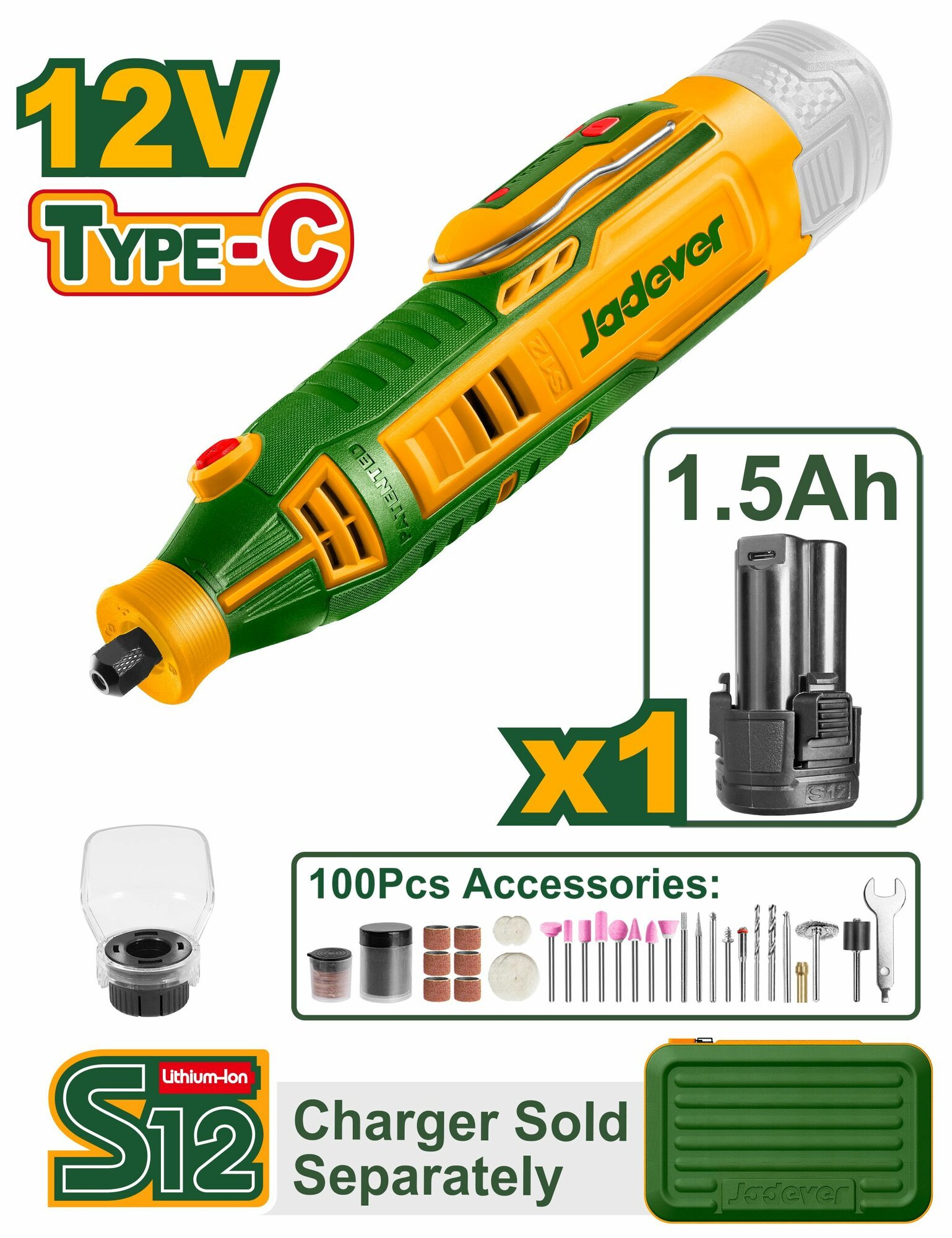 Гравер аккумуляторный 12В,8000-32000об/мин, цанга 3,2мм JADEVER JDRY1M121