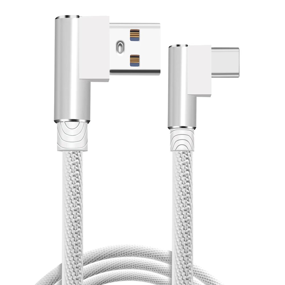Белый USB-C кабель 2м, 90° колено, нейлоновая оплетка