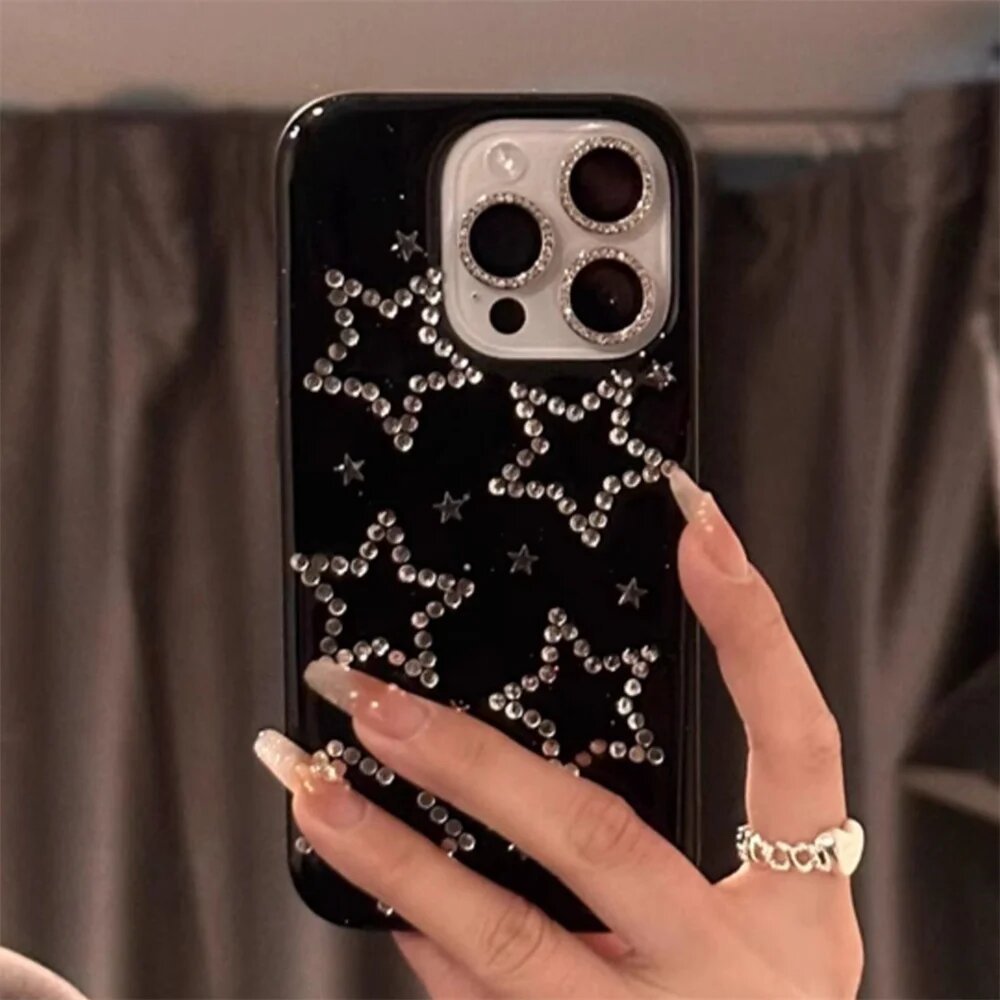Милый блестящий чехол со стразами и звездами для телефона iPhone 15, 13, 14, Black, For iPhone 14