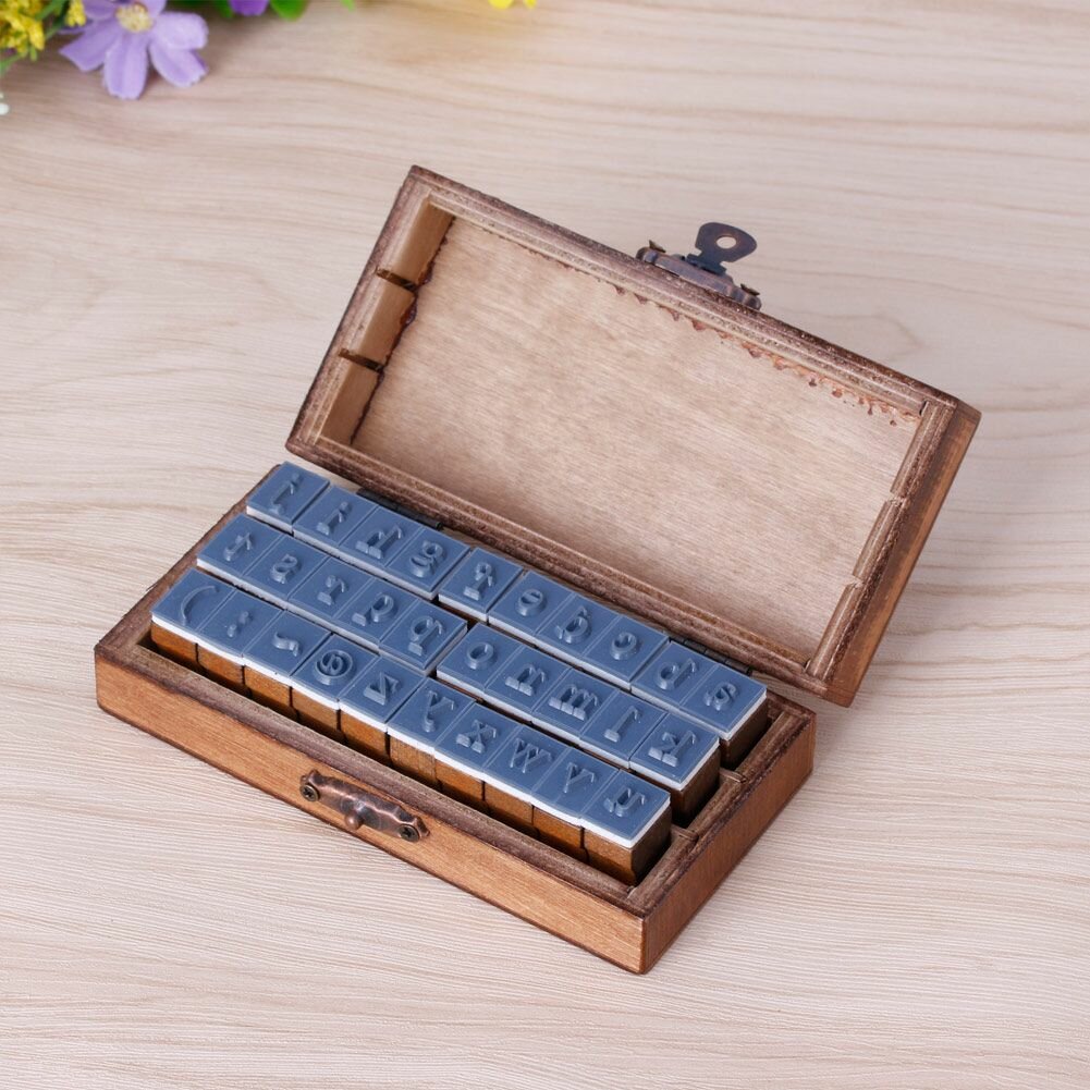 Штамп, Ретро-деревянная коробка с печатями из 30 букв-заглавными буквами
