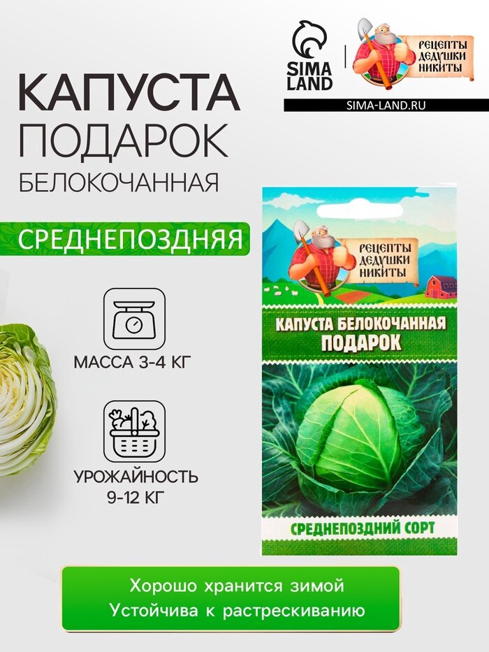 Семена Капуста белокочанная Подарок, 0.3 г, среднепоздняя, Рецепты дедушки Никиты, 2 шт.