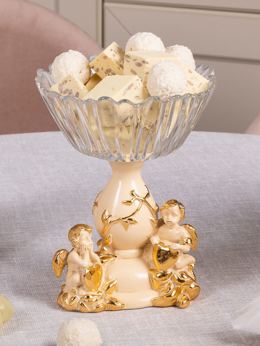 Фруктовница-конфетница из мрамора и стекла на ножке BOGACHO с ангелами