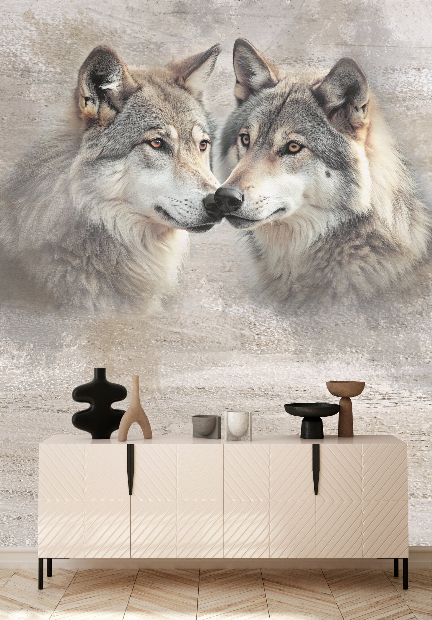 Флизелиновые фотообои "Пара волков гранж" 200х270 см в спальню, в коридор, в гостиную, молодежные, современные, лофт