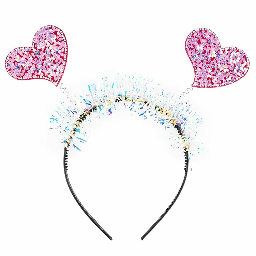 Карнавальный ободок Волна веселья Сердечки с блестками, розовый, 22х21 см