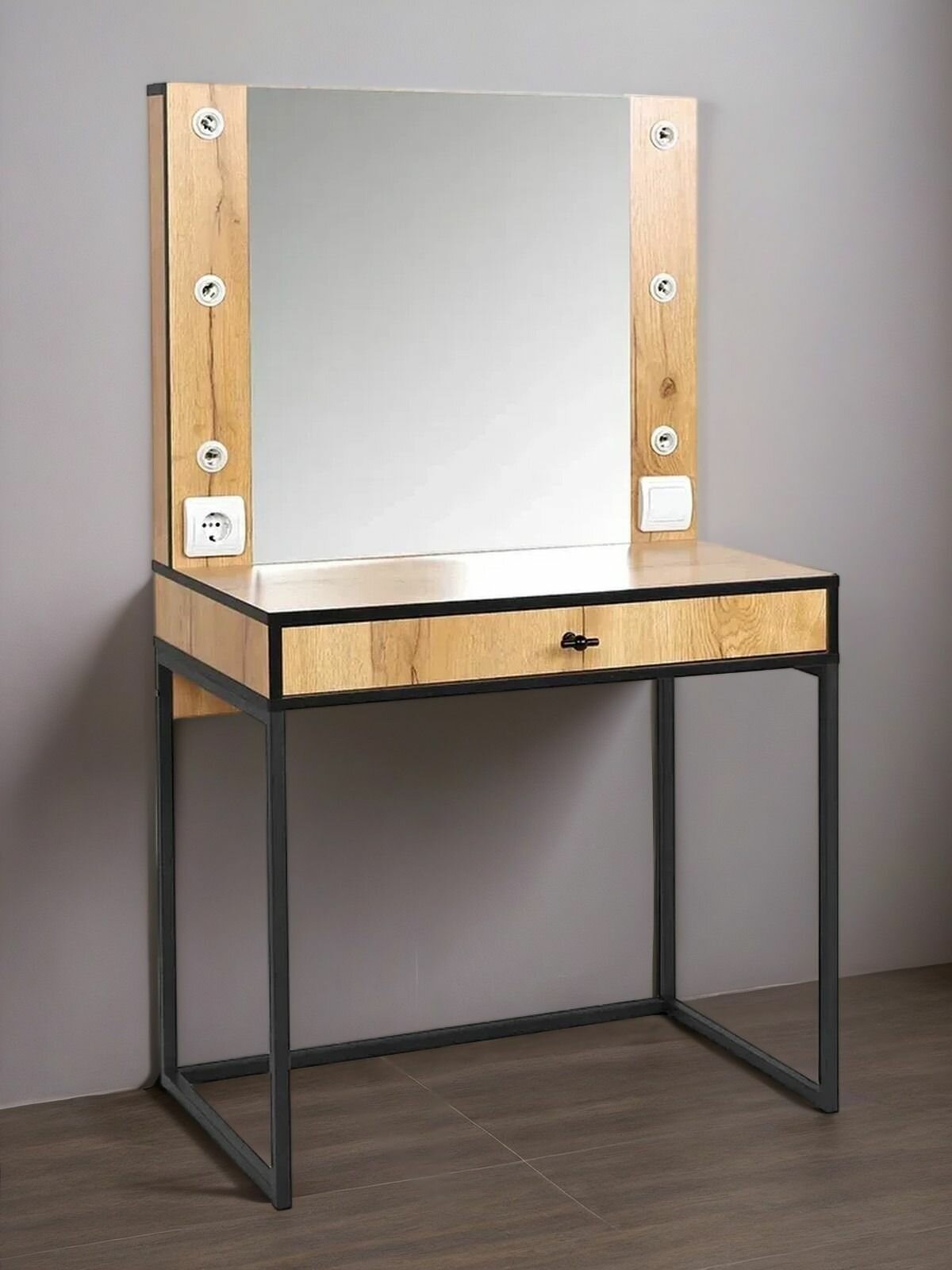 Трюмо с зеркалом и подсветкой, Ивару, Берген 2 Дуб Крафт Золотой