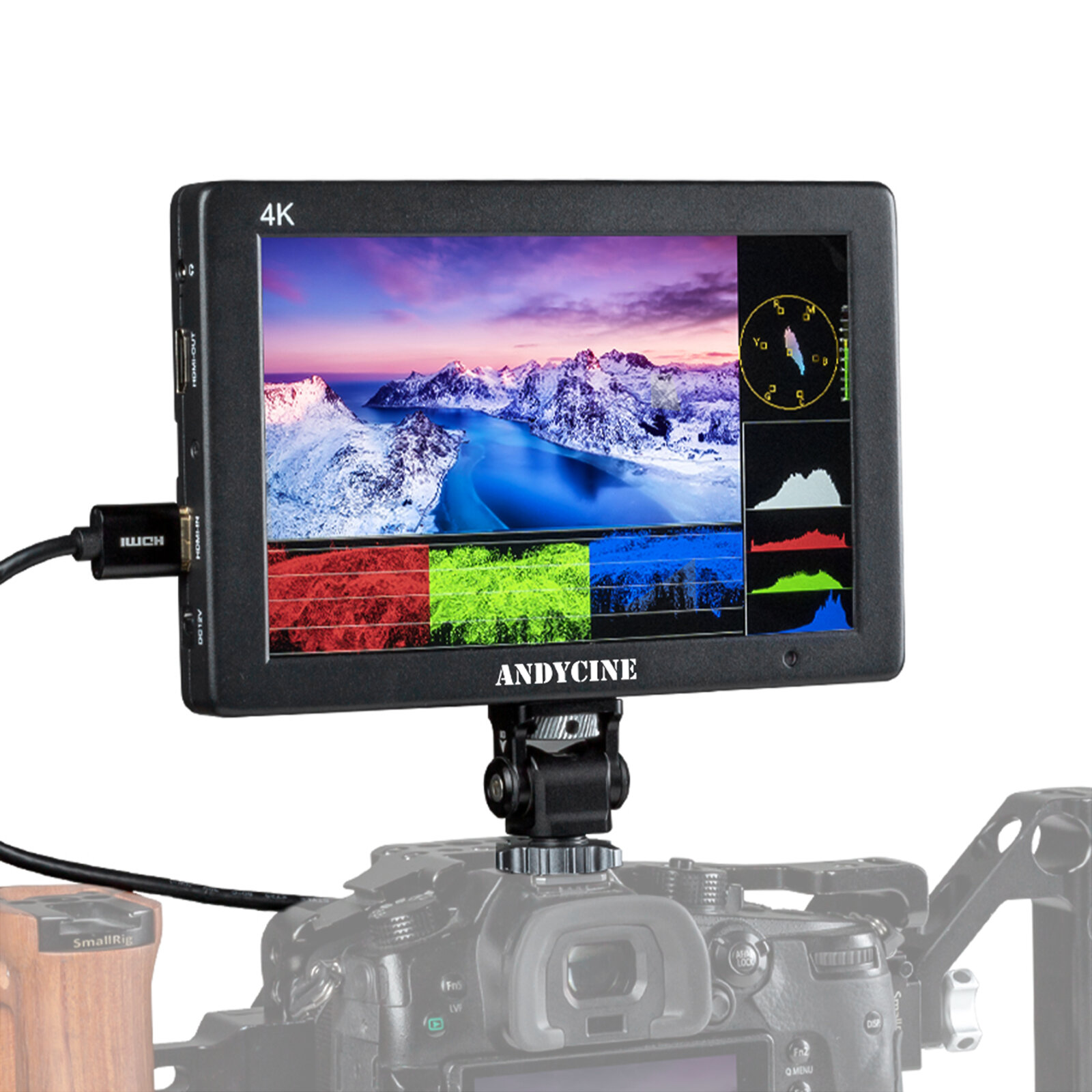 ANDYCINE T7 Plus монитор для камер DSLRского видео 7 дюймов с 3D Luts, яркостью 450 нит, 4K HDMI входом/выходом, разрешением 1920x1200, соотношением контрастности 1200:1, углом обзора 160°, интерфейсом аудио 3.5мм для камер Sony Canon Nikon, в комплект