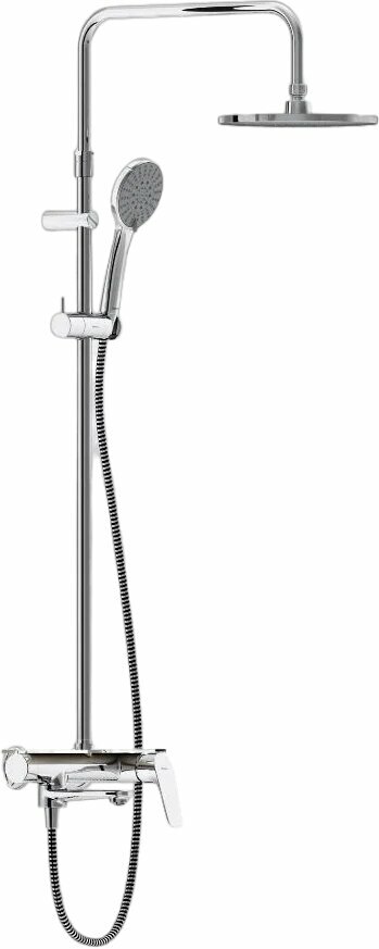 Душевая стойка Damixa Jupiter 977730000 со смесителем, хром, глянцевая, с тропическим душем, с изливом, с лейкой, душевая система, латунная, рычаг сбоку