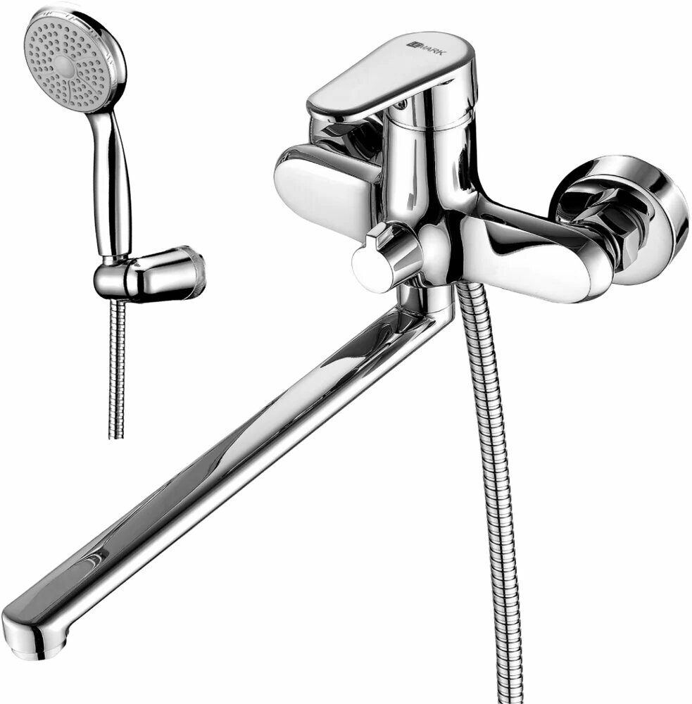 Смеситель с длинным изливом для ванны Lemark Point LM0351C с душевым гарнитуром, поворотный, латунный, хром, глянцевый, смеситель для ванны с душем, рычажный, с настенным держателем