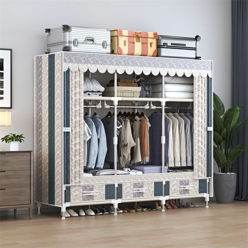 Шкаф тканевый большой для одежды с штангой и полками