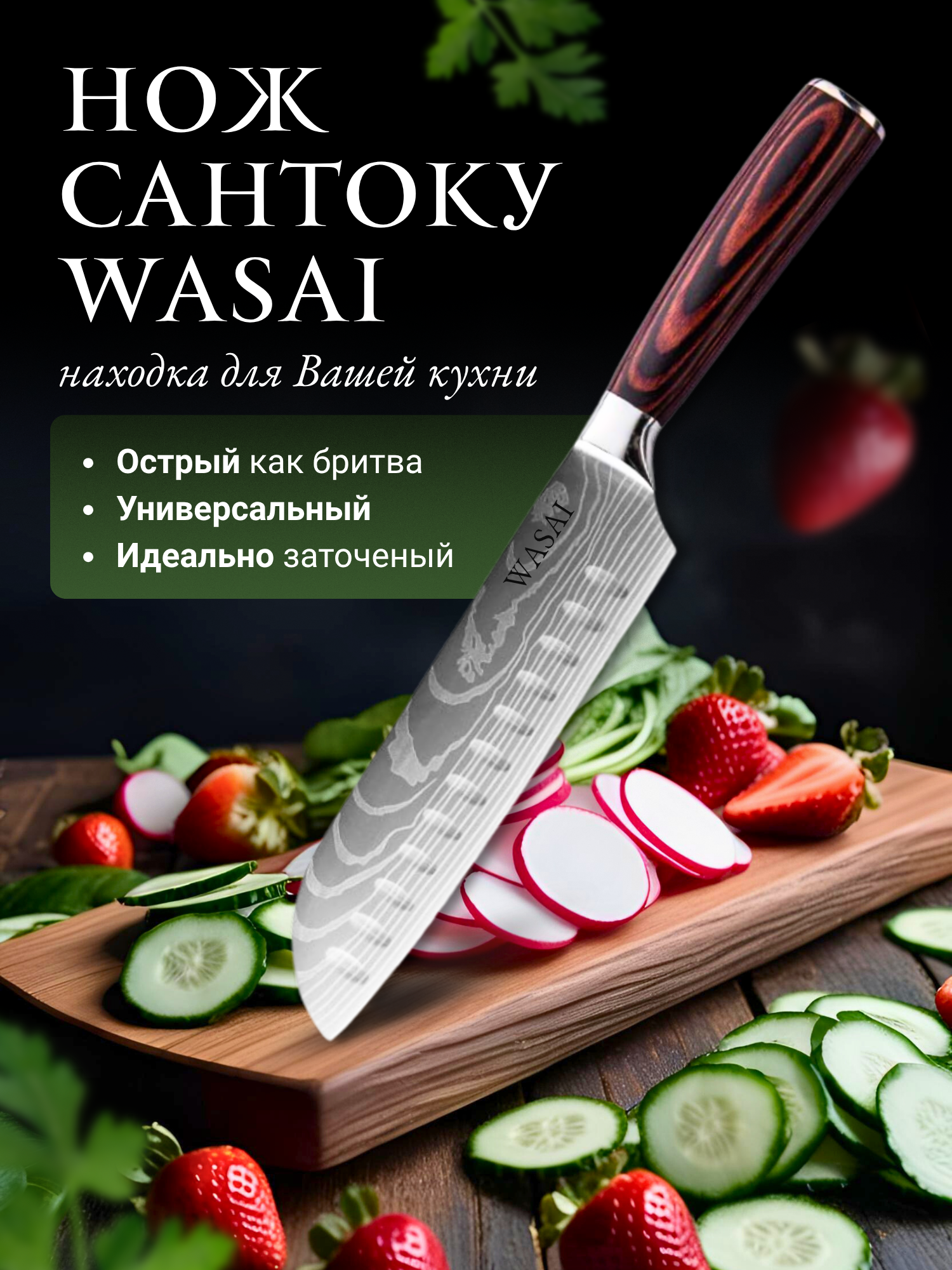 Японский кухонный нож сантоку WASAY (18 см, каштановая рукоять из дерева PAKKA, трехслойная сталь)