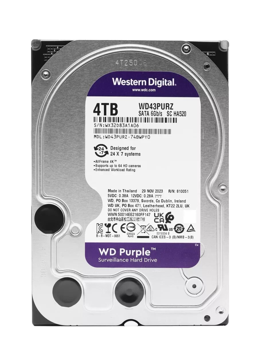 Жесткий диск SATA-III 4TB 43PURZ Surveillance Purple