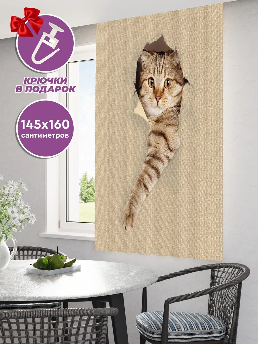 Фотоштора Homepick короткая на кухню, 1 шт 145х160 см, Кот