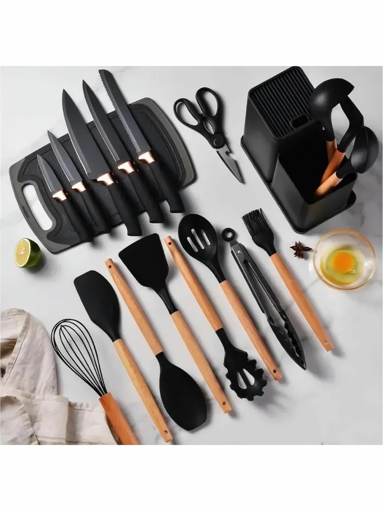 Кухонный набор, 12 предметов, антипригарное покрытие, чёрный, 32x19,5 см