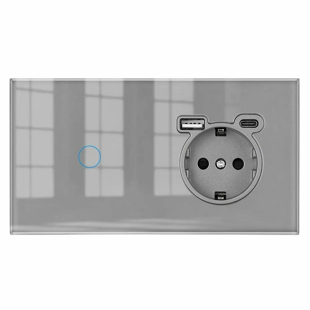 Умный выключатель Wi-Fi одноклавишный с розетка с usb,2пост (1клавиша+1розетки с usb) стекло 153х82 мм , серый