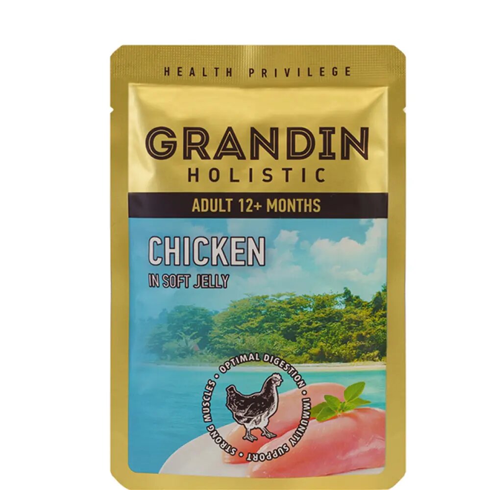 Grandin Влажный корм (пауч) для кошек, курица в нежном желе, 85 гр. 14 штук