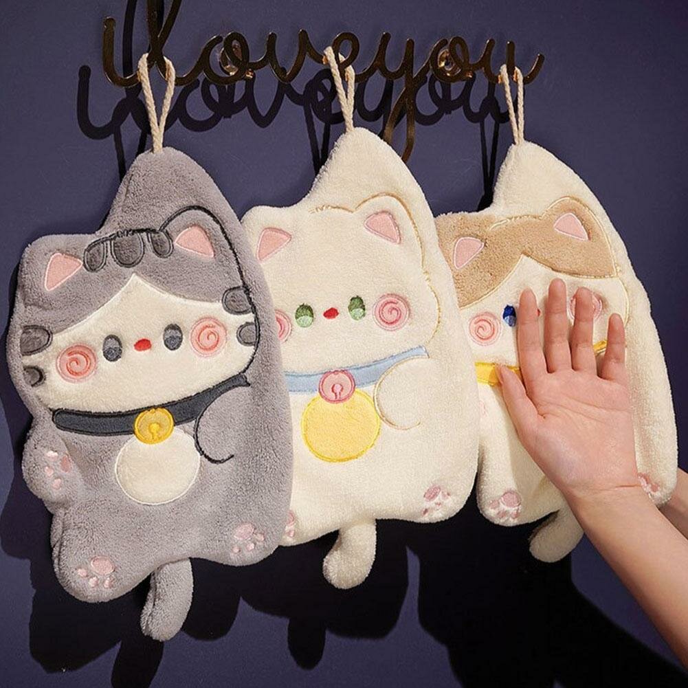 Повесной ручной ткать с вышивкой кота для дома и ванной комнаты, белый цвет, размер 30*20см, 1 шт, из кораллового велюра, ультрафибр, для кухни и уборки, с веревкой для, прочный край, не линяет, не тускнеет