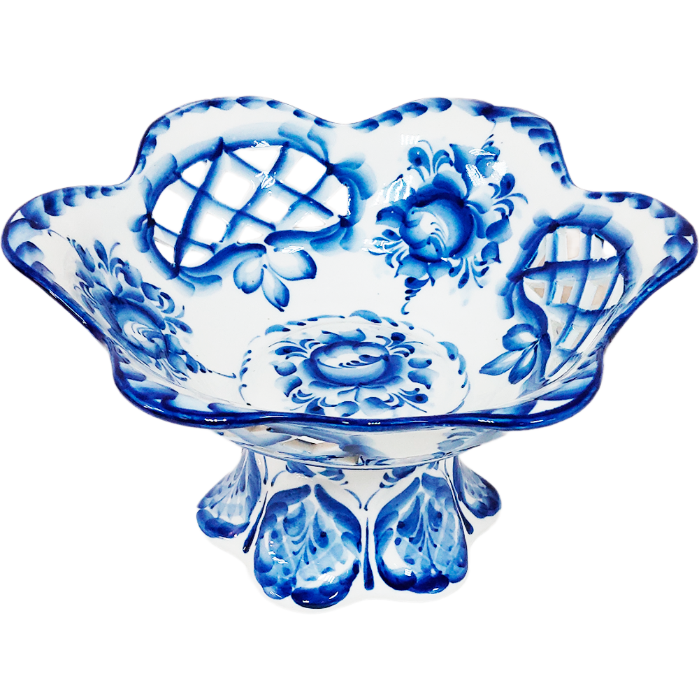 Фарфоровая ваза для фруктов, на ножке, ручной работы "Фруктовая фантазия", гжель