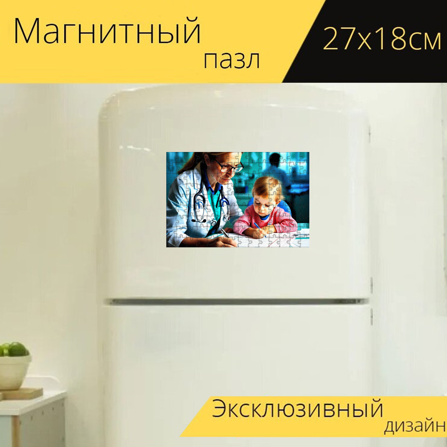 Магнитный пазл "Педиатр, лечить, забота детский поликлиника" на холодильник 27 x 18 см.