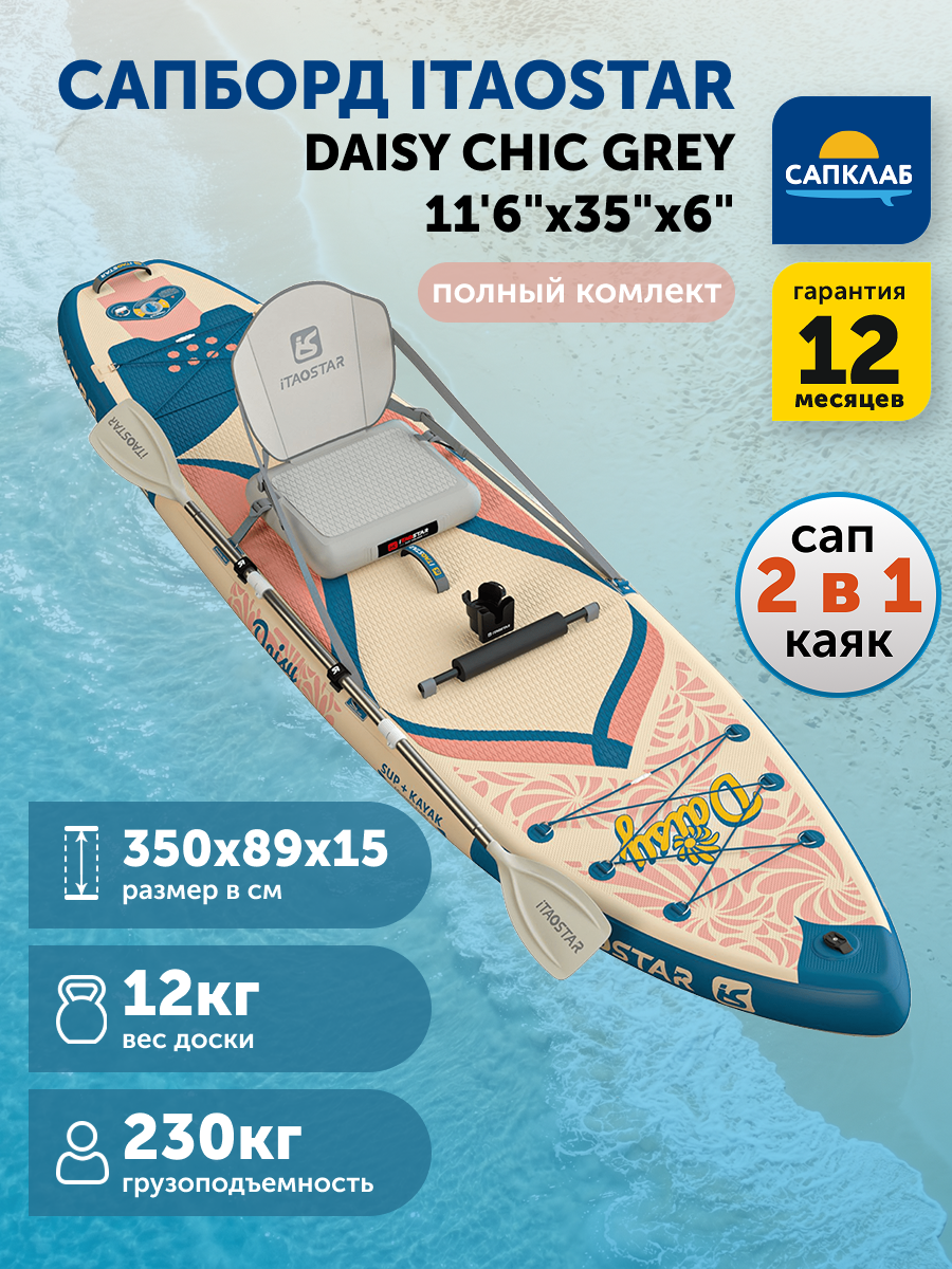 Сапборд iTaoStar Daisy Chic grey (350x89x15) двухслойный надувной / доска для плавания сап борд / Sup board, SUP-доска, каяк