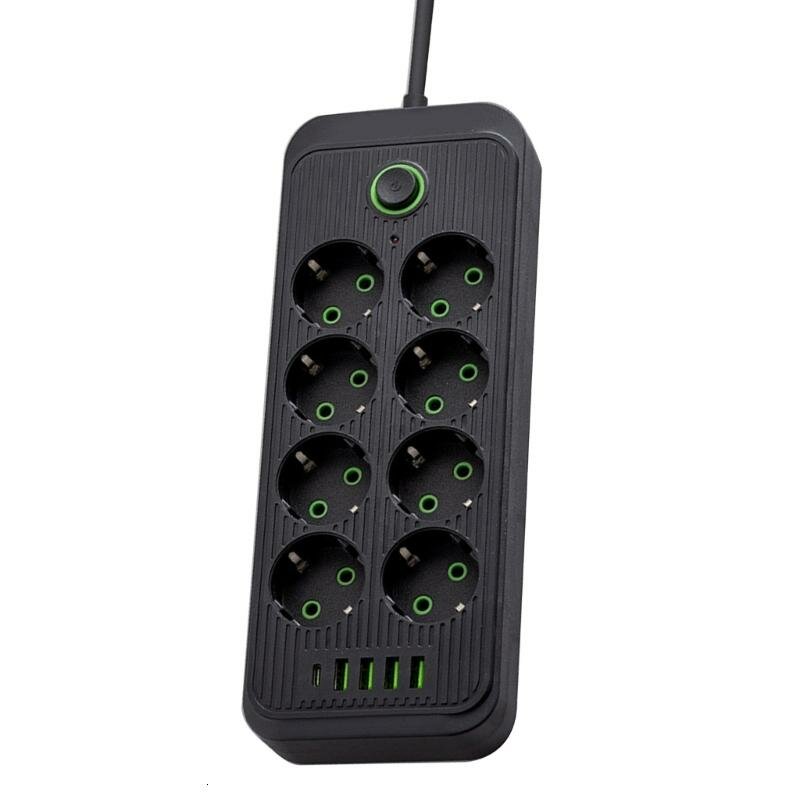 Штепсельная вилка высокой мощности европейского стандарта-8 отверстий черного цвета длиной 2 метра