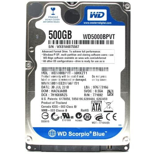 Внутренний жёсткий диск 2.5 HDD WD SCORPIO BLUE 500GB WD5000BPVT