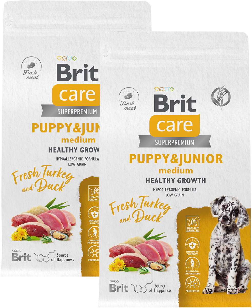 BRIT CARE DOG PUPPY & JUNIOR MEDIUM HEALTHY GROWTH для щенков средних пород с индейкой и уткой (1,5 + 1,5 кг)