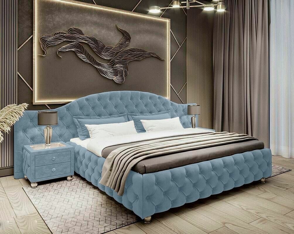Двуспальная кровать 160x200, Letto King Size, с мягким изголовьем, с ящиком, велюр, синий