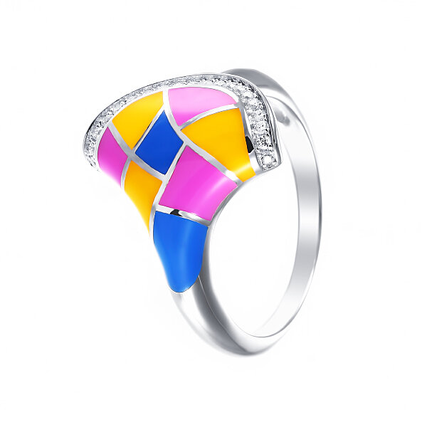 Кольцо, серебро, 925 проба, фианит, эмаль