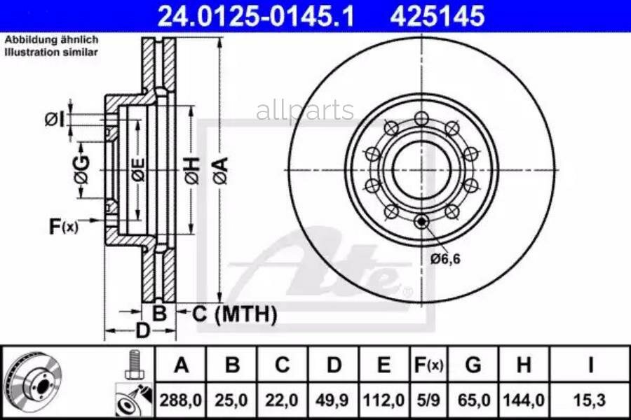 ATE 24.0125-0145.1 Диск торм. пер. AUDI A3/VW GOLF V, CADDY, TOURAN 03=>