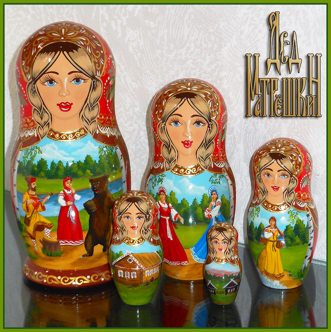 Матрешка деревянная 5-местная 21 см "Деревенская жизнь", модель №3, красная