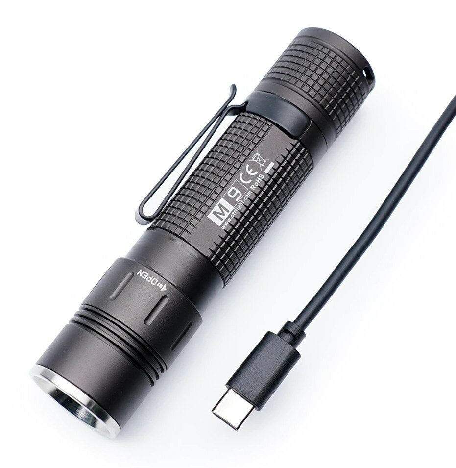 Фонарь ON THE ROAD M9 (Cree XM-L2 5C 4000K, 1100lm, IPX8, USB Type-C, 1x18650 3100mAh в комплекте, чехол, 115x26(24.8) мм)