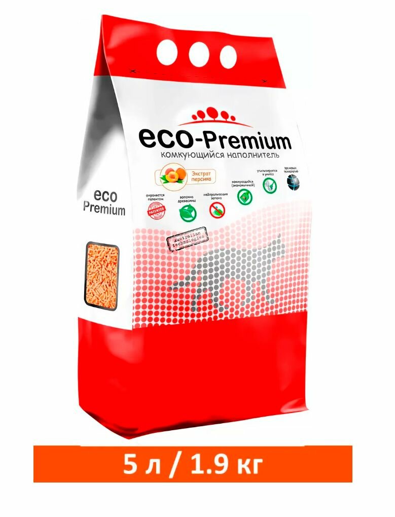 ECO Premium Персиковый наполнитель для кошачьего туалета, древесный, 5 литров, вес 1,9кг
