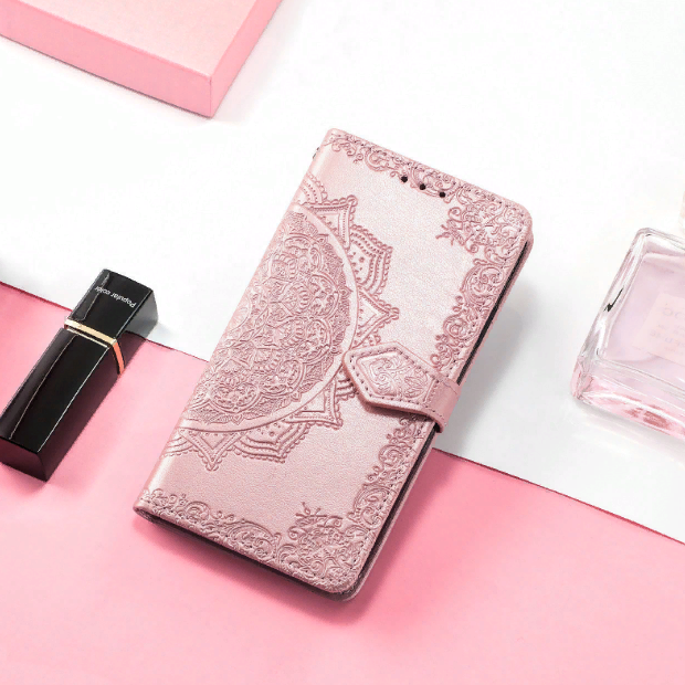 Защитный чехол-книжка MyPads из качественной кожи с тиснением для Xiaomi Redmi 9A розовый с узорами женский детский