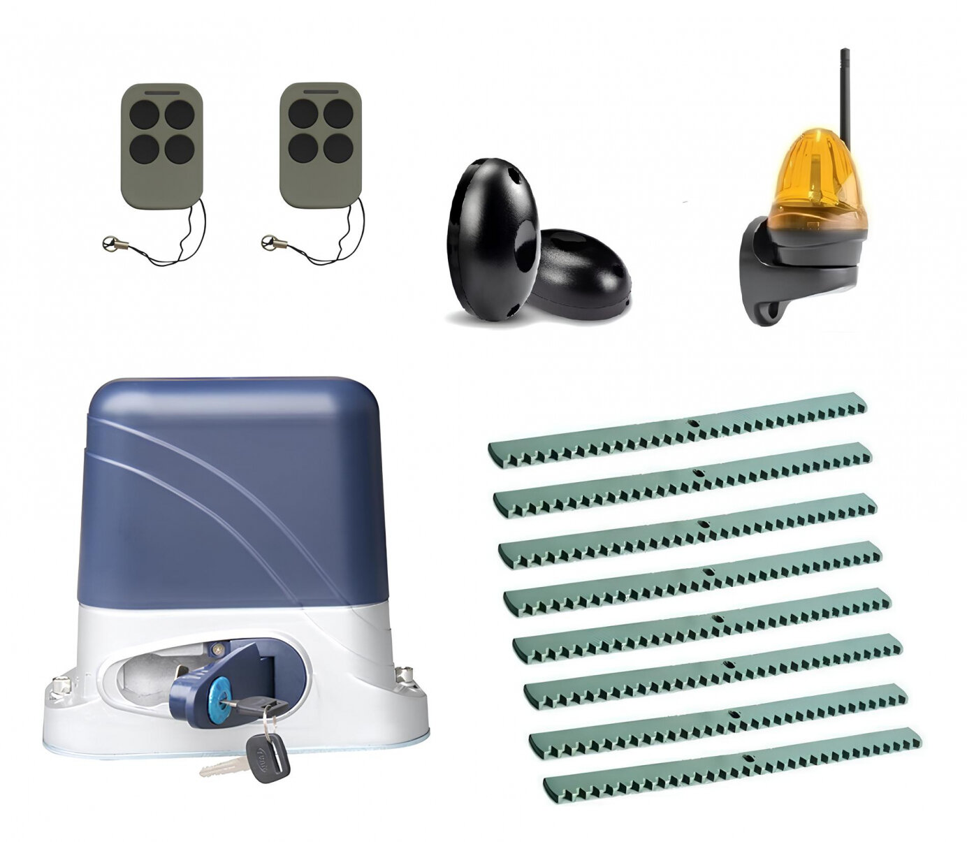 Автоматика для откатных ворот KSL-1300 FULL-K8, комплект: привод, 2 пульта, фотоэлементы, лампа, 8 реек