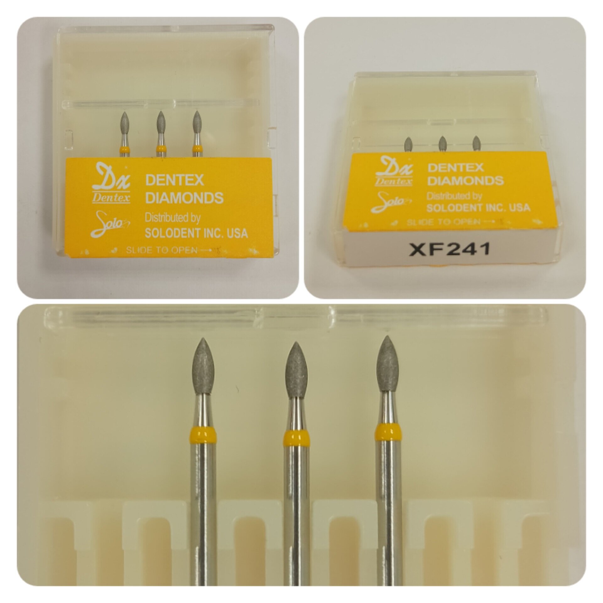 Боры стоматологические алмазные Dentex турбинные пламевидные XF 241 размер 016, желтая насечка, 3 штуки