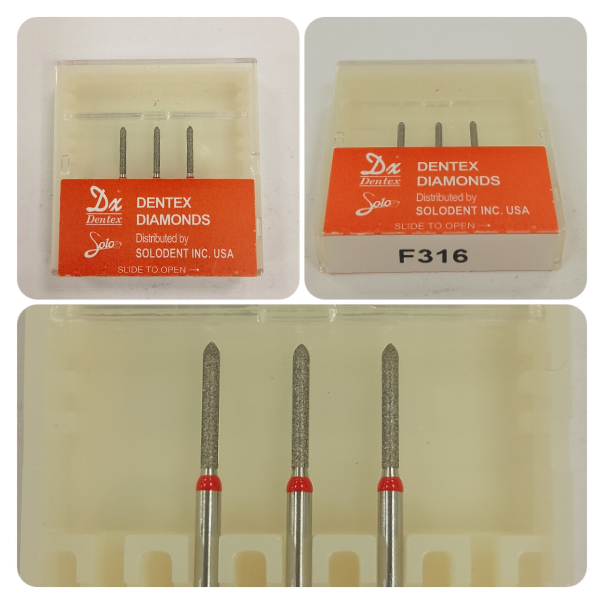 Боры стоматологические алмазные турбинные Dentex F 316 размер 012 цилиндр с усеченным концом, красная насечка, 3 штуки
