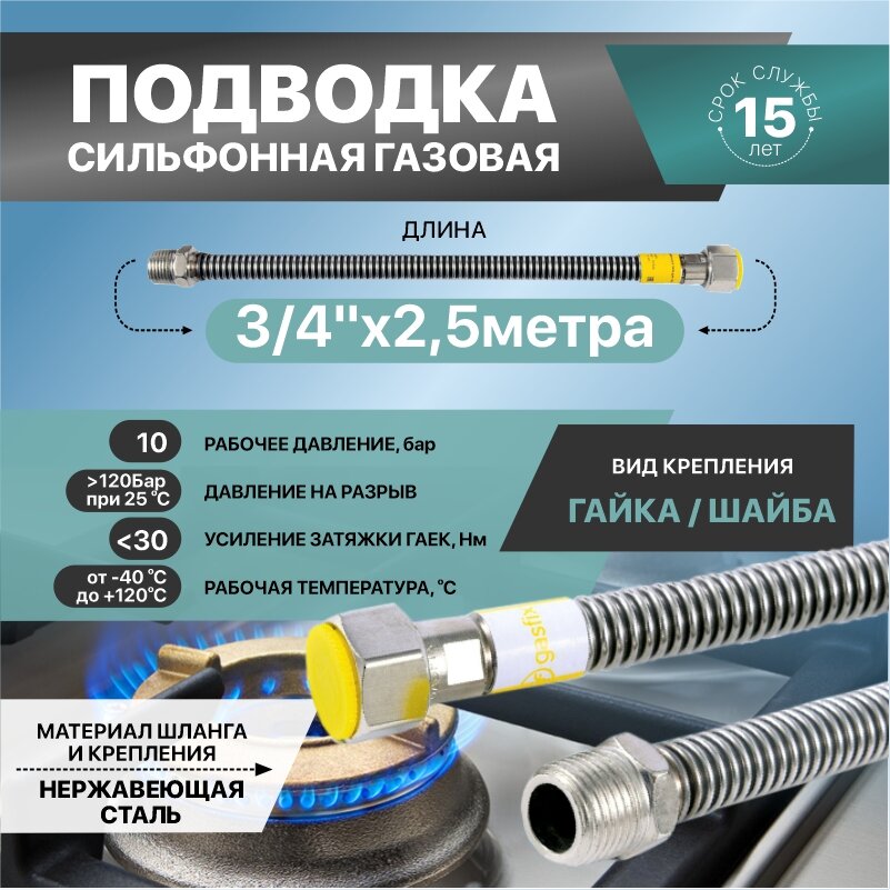 Гибкая сильфонная подводка для газа из нержавеющей стали Gasfix (3/4"х2,5м гайка/шайба), Подводка для газа