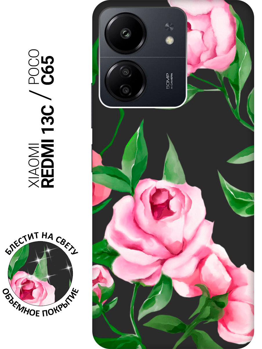 Силиконовый чехол на Xiaomi Redmi 13C / Poco C65 / Сяоми Редми 13С / Поко С65 с рисунком "Amazing Peonies" Soft Touch черный