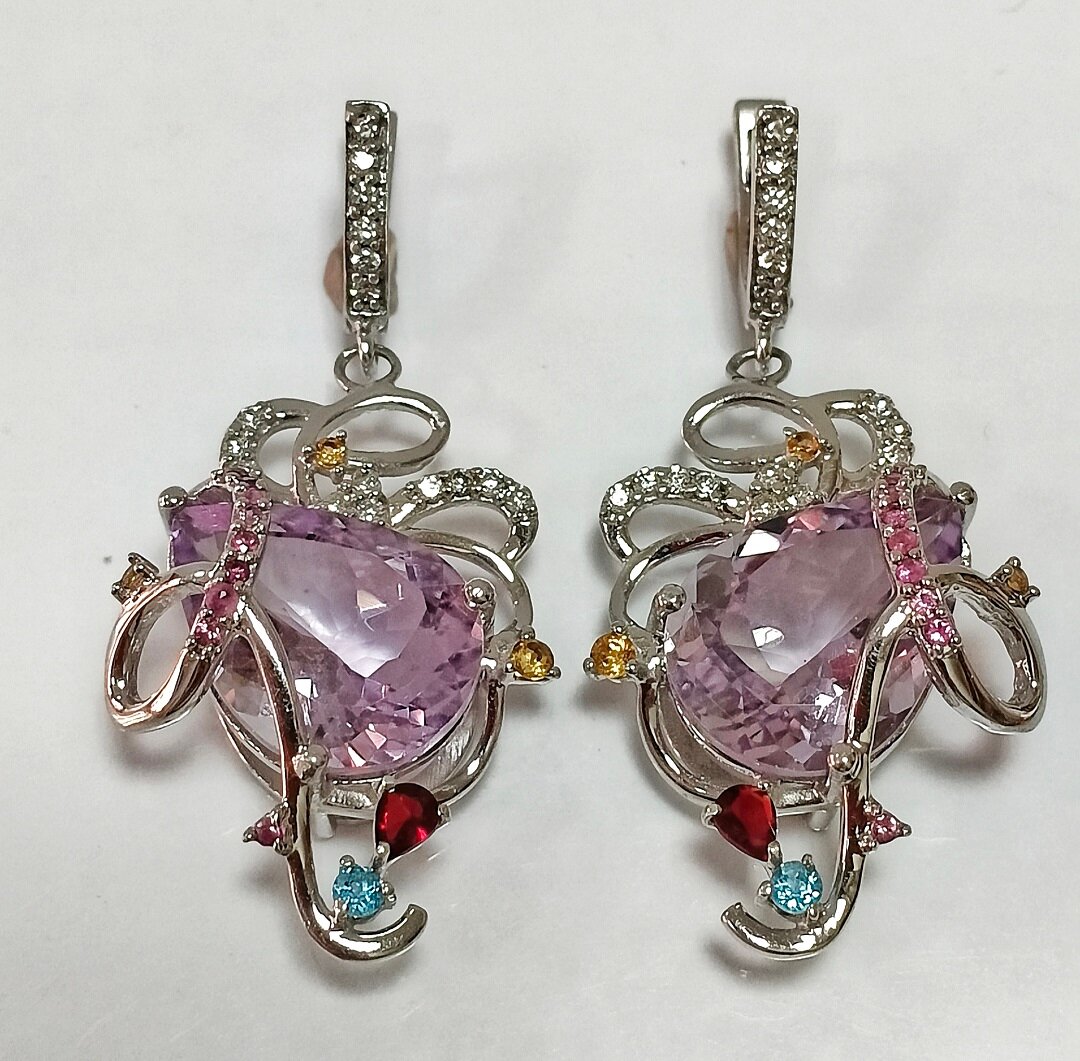 Серьги с подвесками, серебро, 925 проба, родирование, фианит, топаз, цитрин, рубин, аметист