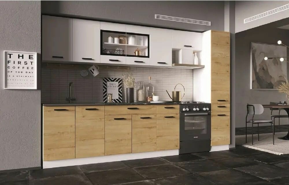 Кухонный гарнитур (кухня) Брауни 3 м Корпус Белый /Фасад Дуб Вотан/Белый гладкий, столешница черный мрамор ЭРА