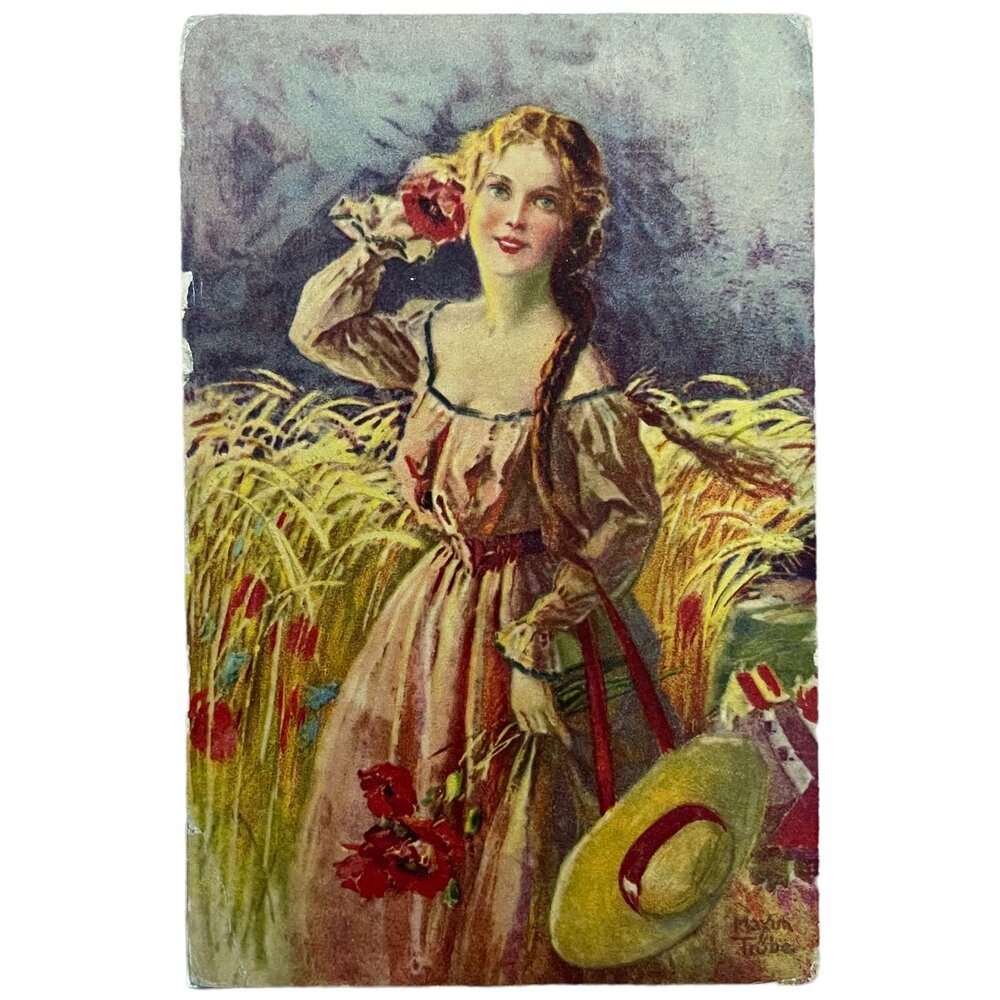Почтовая открытка "М. Трубе. Девушка в колосьях" 1900-1917 гг. Германия