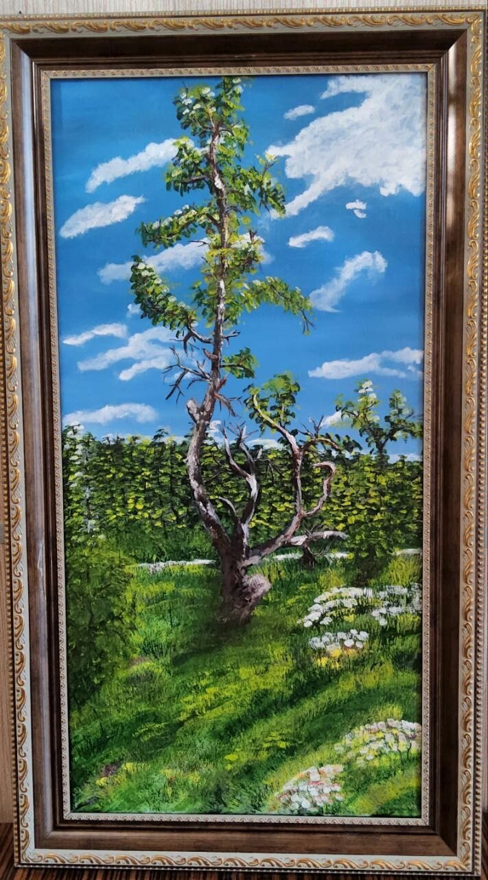 Картина в раме. Миляева Нина "Дерево у дороги", холст, масло, 60x30. Авторская живопись.