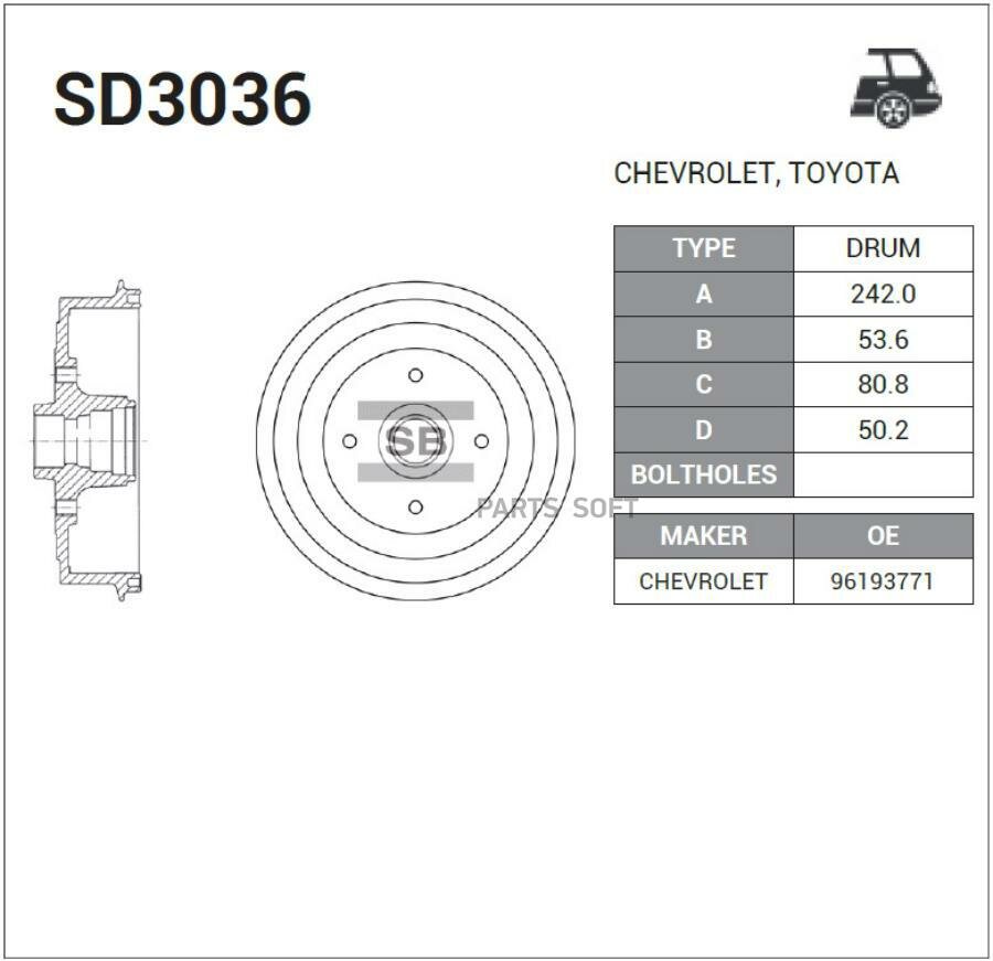 SANGSIN BRAKE SD3036 Барабан тормозной CHEVROLET LANOS (2005- ), DAEWOO NEXIA I-II (1994- )/ ARANOS (1993-1997)/ LANOS (1997- )