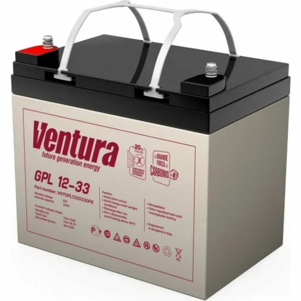 Аккумуляторная батарея Ventura GPL 12-33, 12 В, 34 Ач, AGM, прямая полярность, размеры 170x130x196 мм, вес 10 кг, макс.
