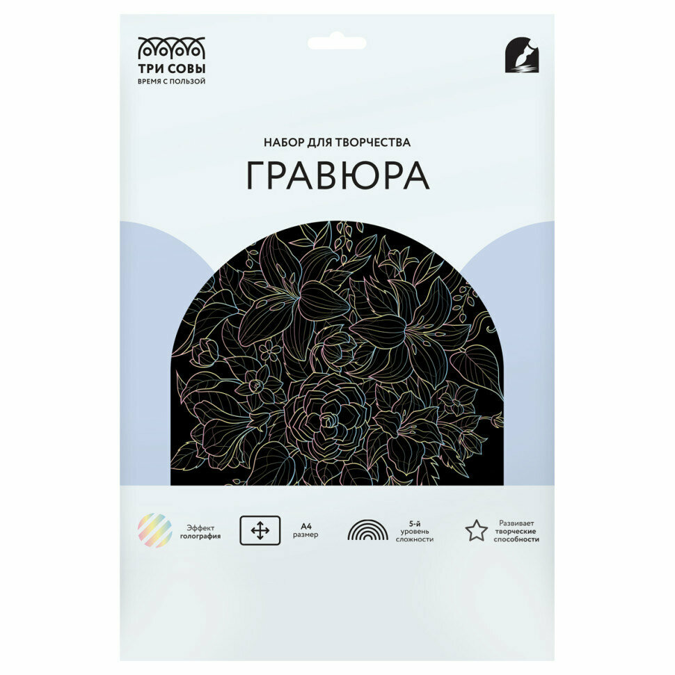 Гравюра с голографическим эффектом ТРИ совы "Цветы", А4, 345942