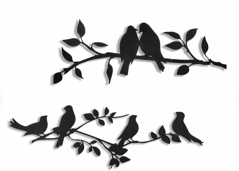 Декоративное металлическое панно, Птицы на ветке, набор из 2 элементов декора (черный цвет)