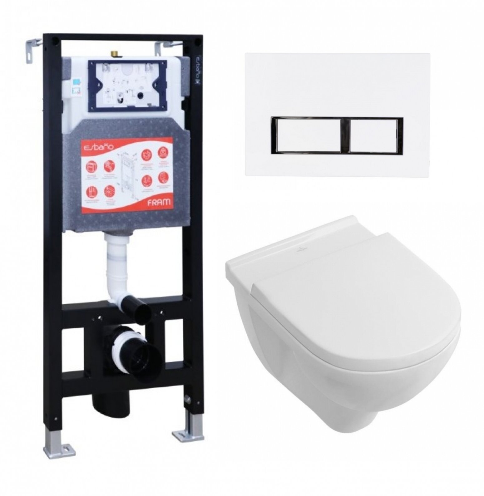 Комплект 3 в 1 инсталляция ESBANO FRAM + Унитаз подвесной Villeroy & Boch O Novo Directflush + кнопка белая глянцевая