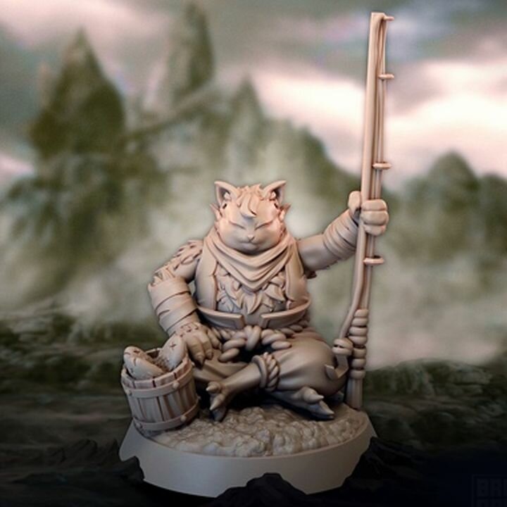 Табакси монах с удочкой, кот рыболов , миниатюра для DnD (ДнД) и других Настольных игр (НРИ, Варгеймов или РПГ), фентези тематика