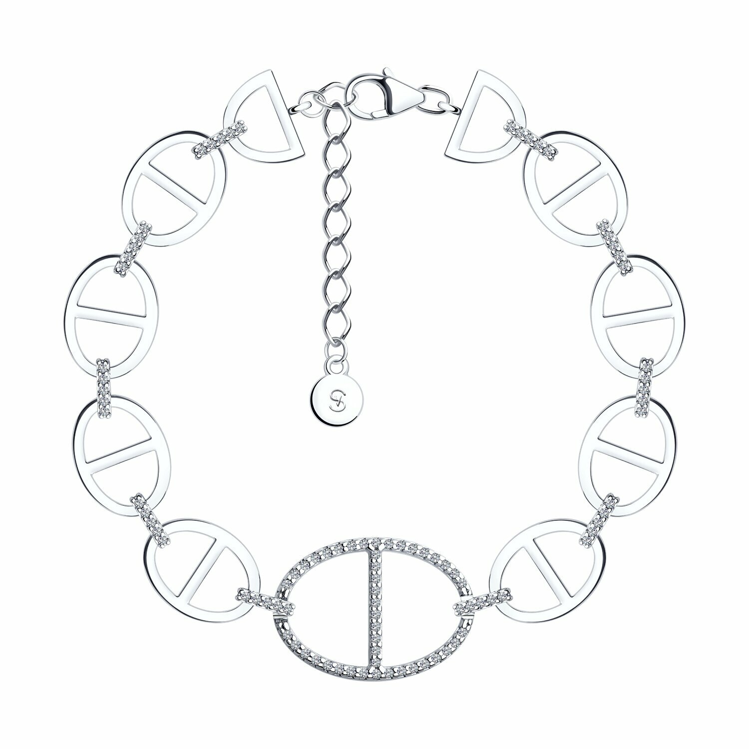 Глидерный браслет, серебро, 925 проба, родирование, фианит