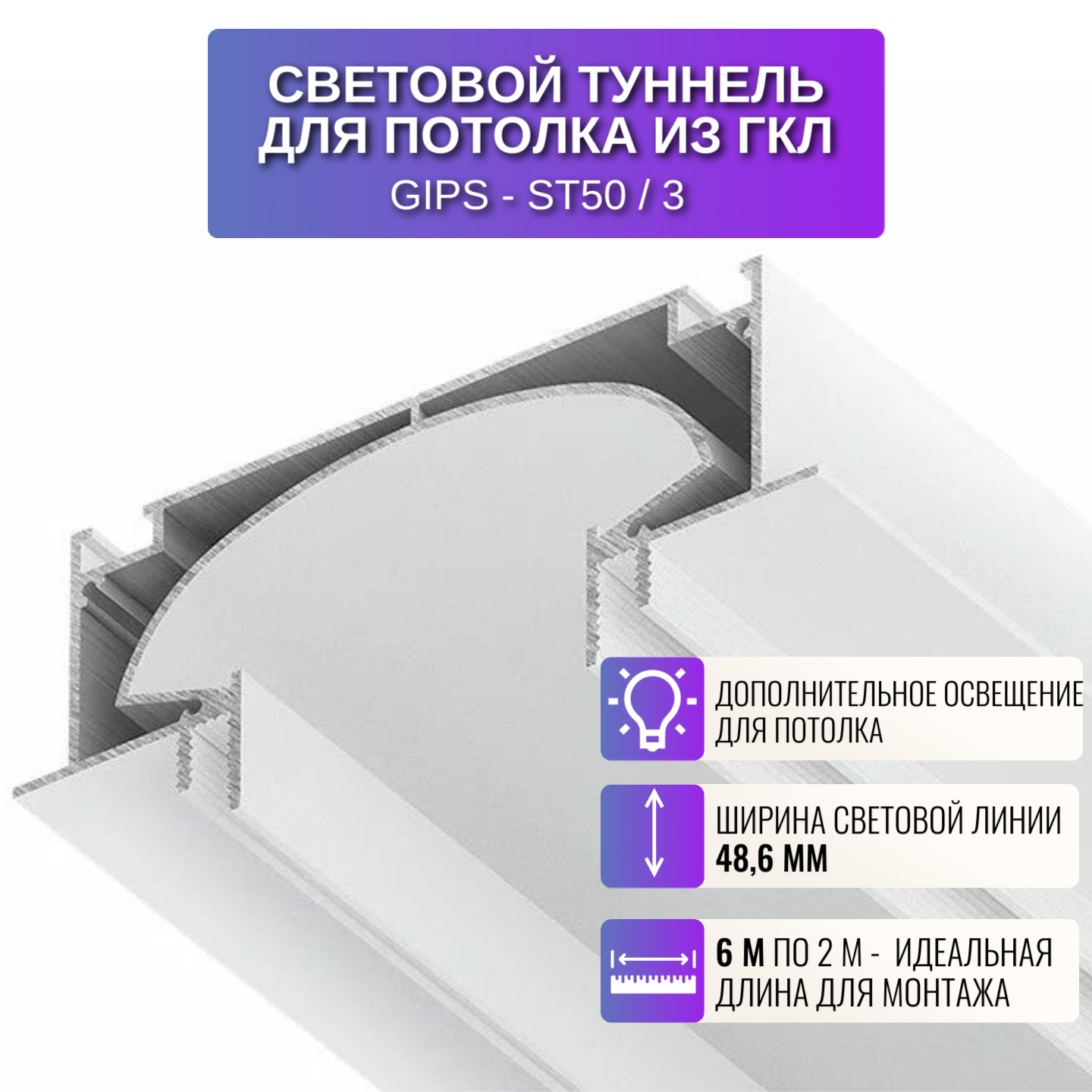 Профиль для светодиодной ленты шириной 48,6 мм для потолка и стен из Гипсокартона, 2 м, 3 шт, цвет белый
